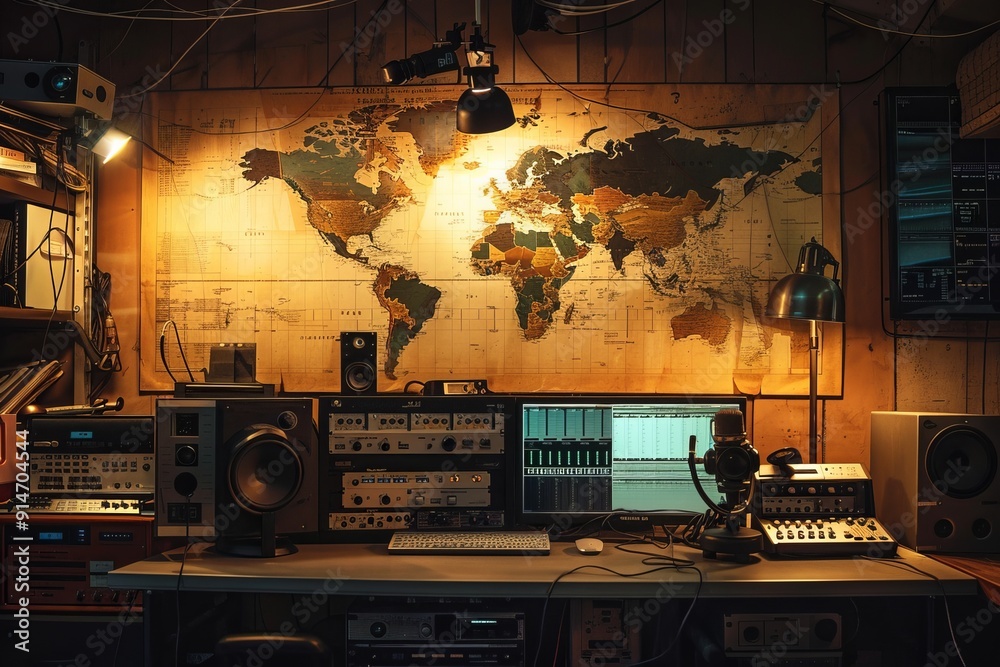 A studio scene featuring a world map on the wall and radio equipment in ...