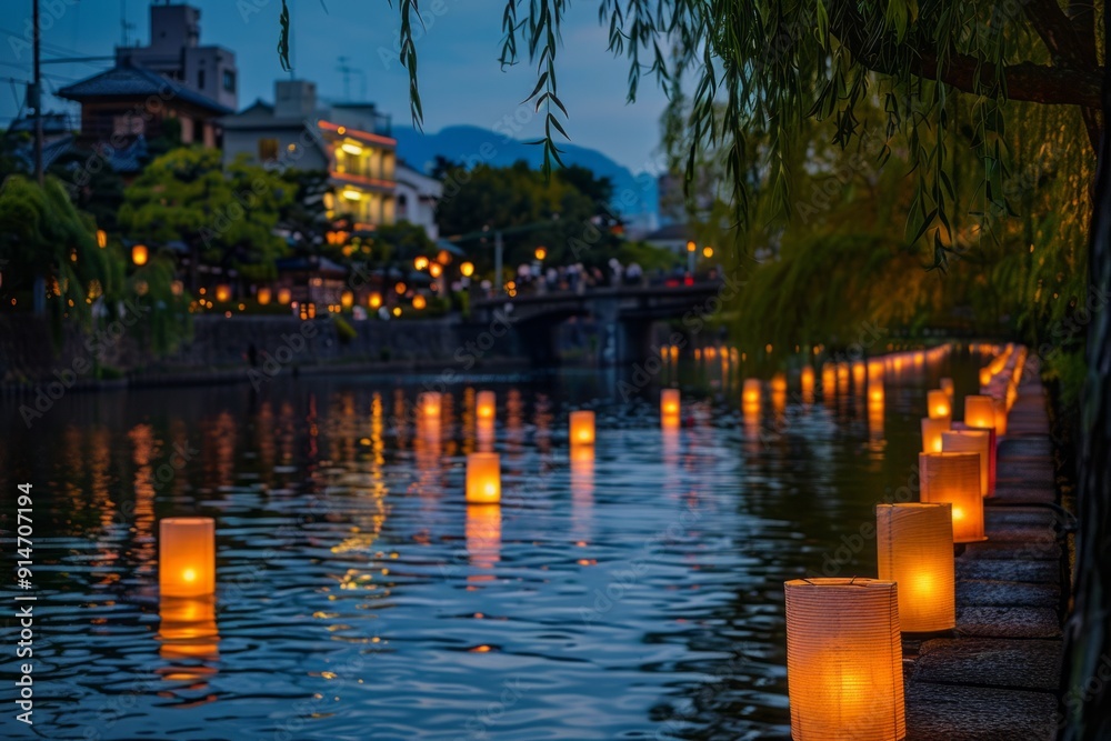 Obon Matsuri,yukata,kimono,household altars.Japan Obon Festival.Traditional Japanese lanterns ...
