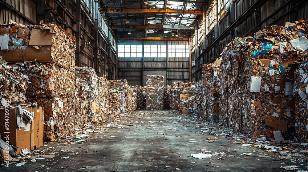 Recycling warehouse filled with stacks of paper and cardboard Stock ...