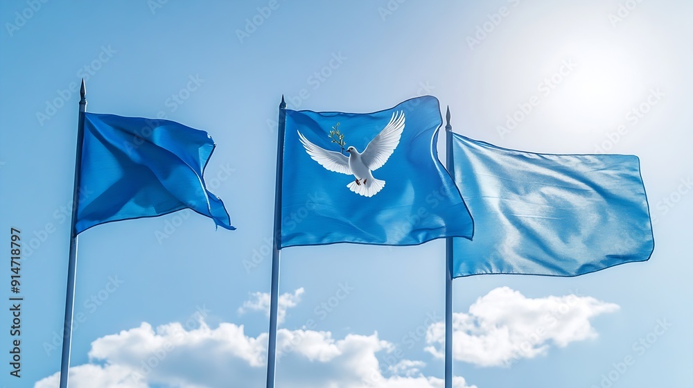 Three blue peace flags in a row printed with a dove with an olive ...