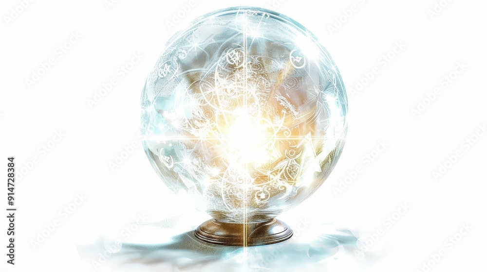 A crystal orb emitting a radiant light and swirling magical symbols ...