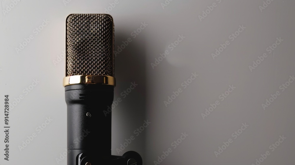 A modern condenser microphone with a sleek black design and gold ...