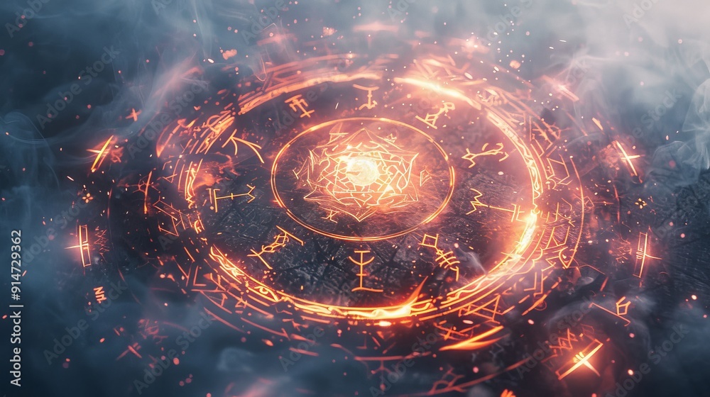 A spellcasting ritual with a circle of glowing runes and arcane symbols ...