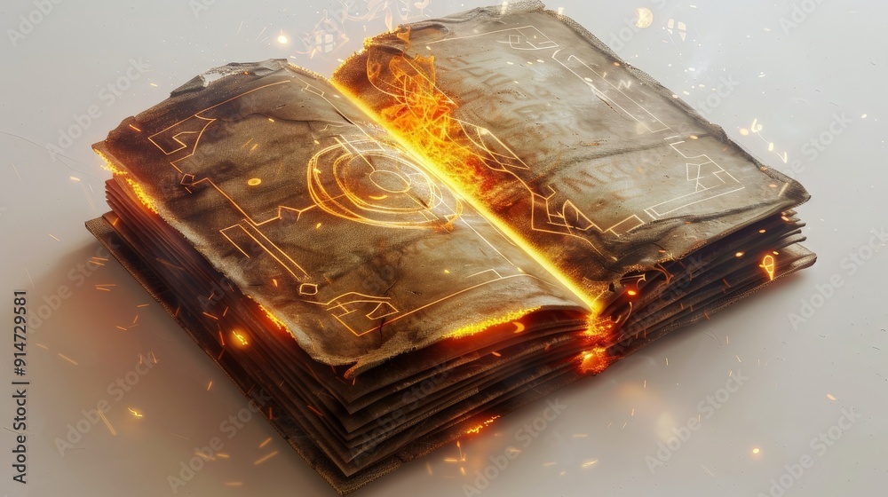 An ancient spell book open to a page with glowing runes and mystical ...