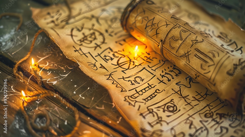 An ancient spell parchment with cryptic symbols and glowing accents ...
