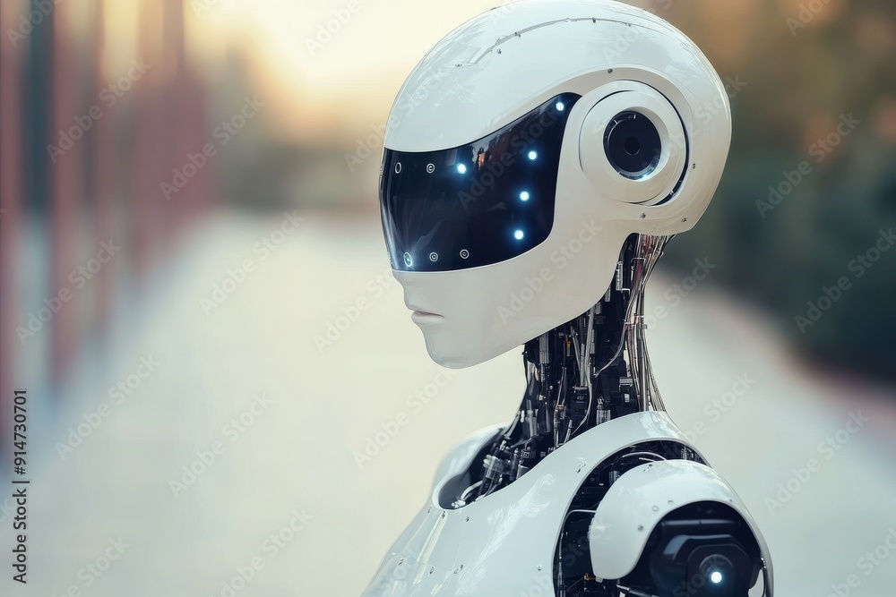 Human like AI robot with a sleek white design and deep emotionless eyes ...