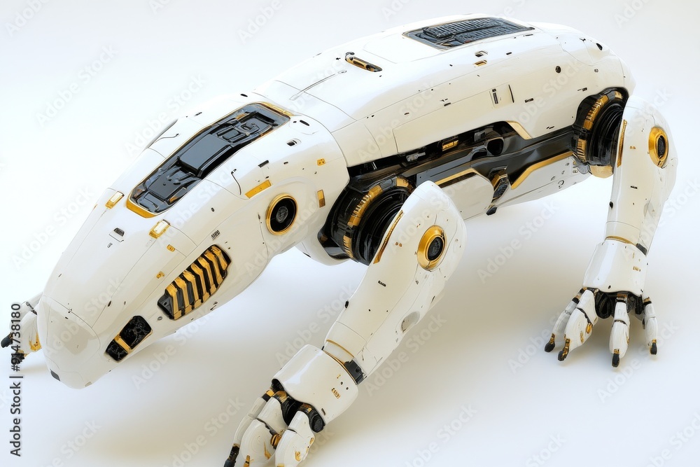 Futuristic robotic dog with sleek white and gold design symbolizing the ...