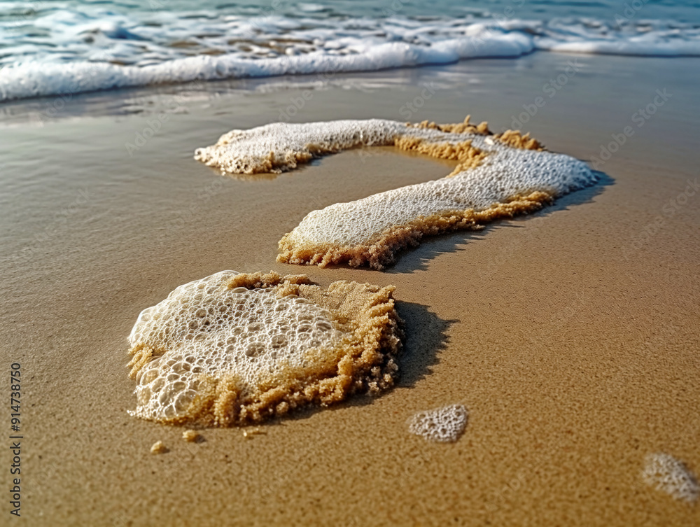 A question mark is drawn in the sand on a beach. Concept of curiosity ...