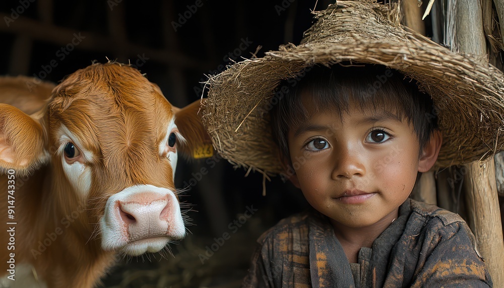 Young Boy Caring for Calf in Barn, Rural Life, Animal Husbandry ...