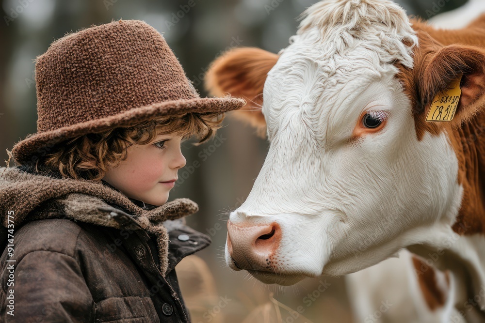 Young Boy Gently Interacting with a Cow on a Farm, A Tender Moment of ...