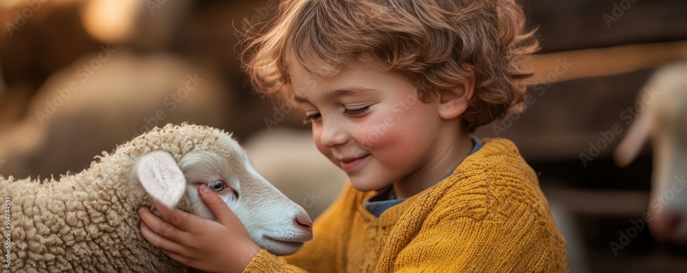 Adorable Child Gently Petting a Fluffy Lamb on a Farm, A Moment of Pure ...