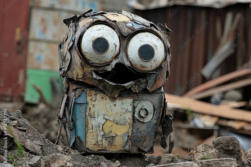Decrepit robot with large expressive eyes among urban debris ...