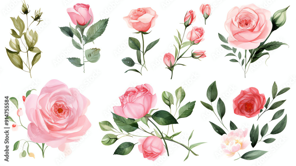 ten pink roses in different stages of bloom with green leaves and stems ...