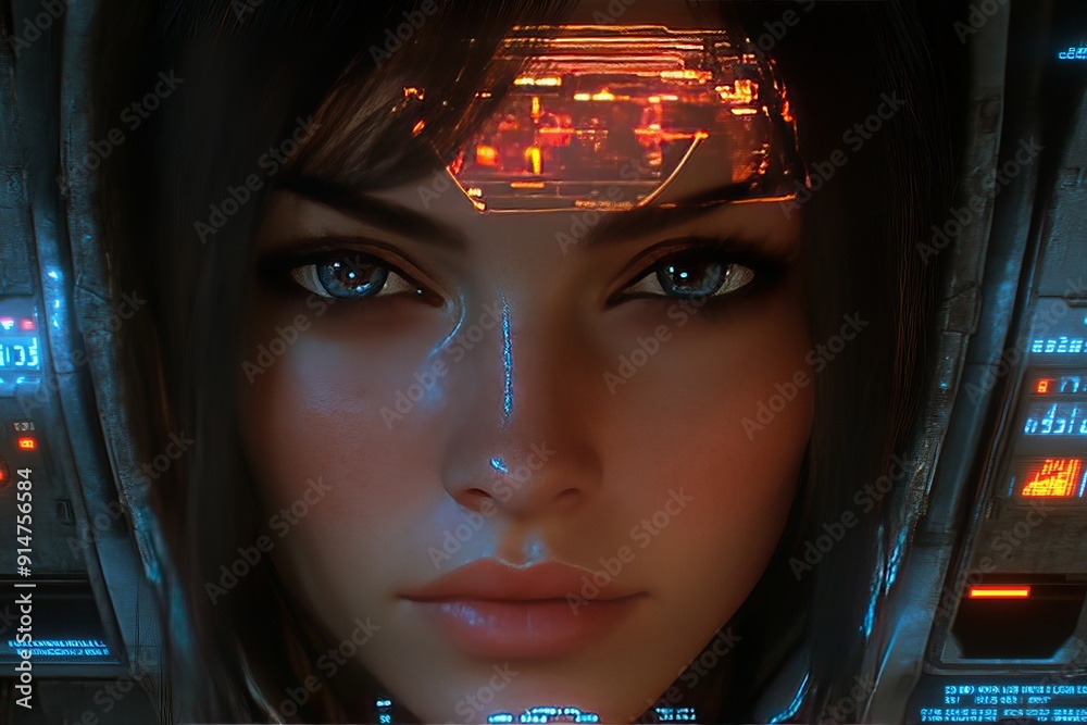 Futuristic woman with digital interface overlay symbolizing the ...