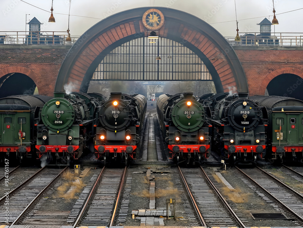 A row of old steam trains are parked on the tracks. The trains are ...