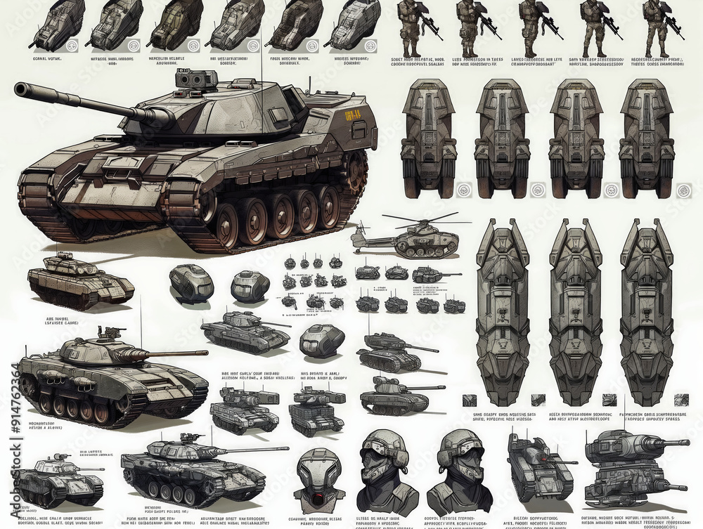 A collection of tanks and soldiers are shown in various sizes and ...