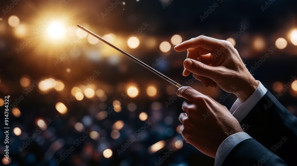A conductor is holding a baton in front of a crowd. Concept of ...