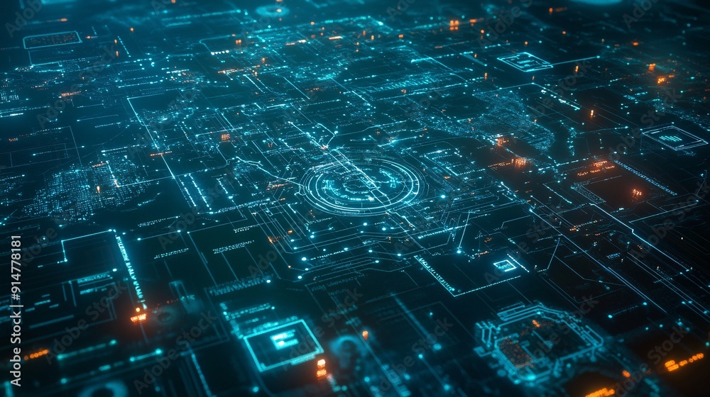 A futuristic global technology network map, depicting the intricate web ...