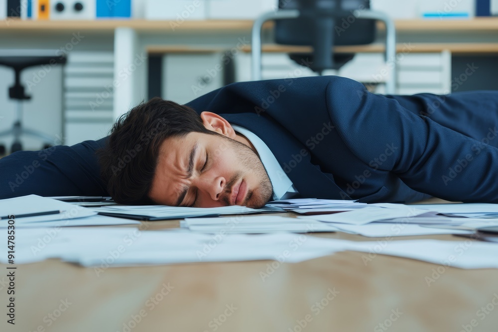 An exhausted man in a suit lies sprawled on the floor of his office ...