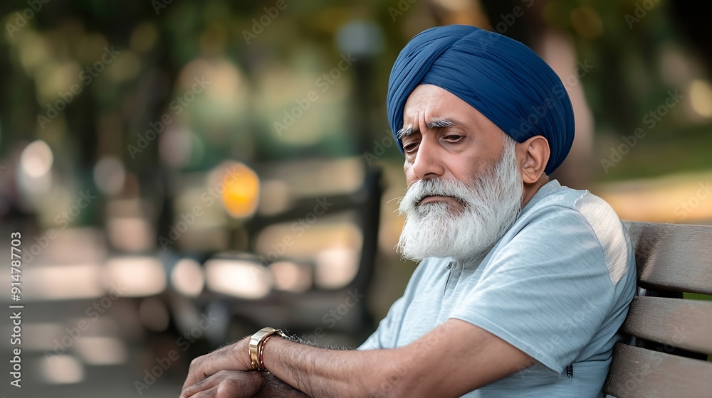 Old sikh man feeling alone Closeup of sad tensed and depressed senior sikh punjabi man while ...