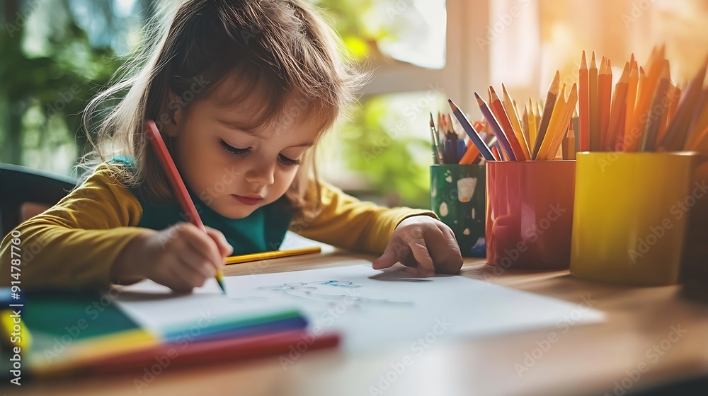 A young child drawing with colored pencils on white paper at a table ...