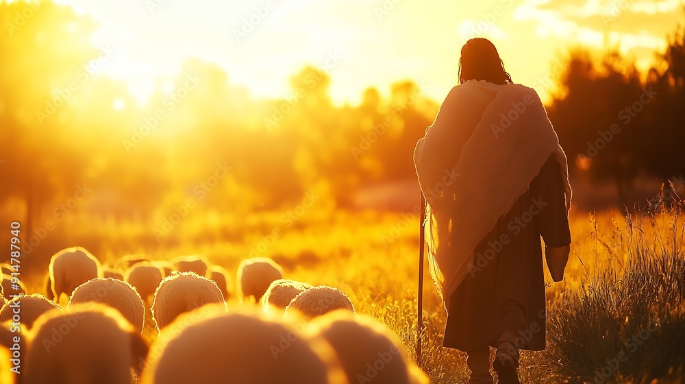 Shepherd Jesus Christ leading the sheep and praying to God and in the ...