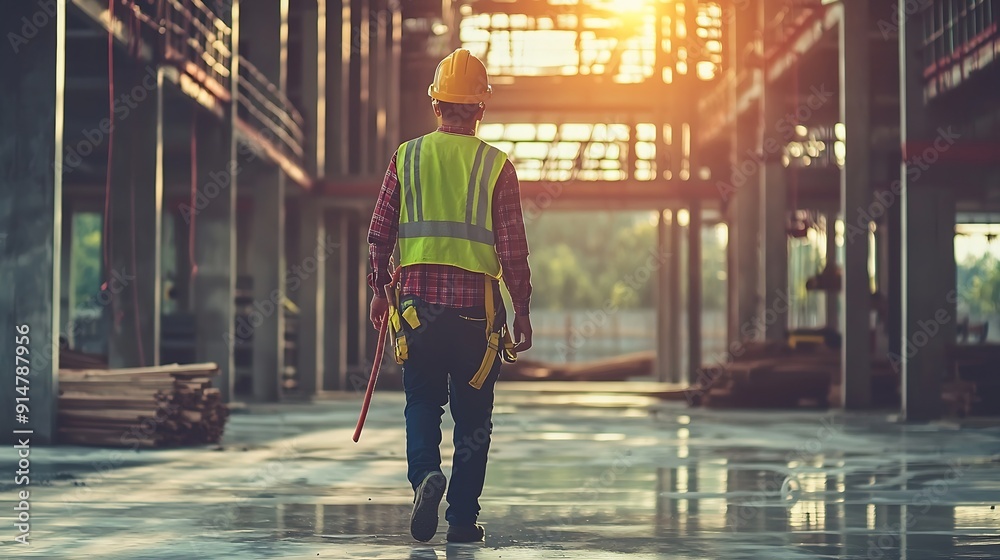 a man construction worker with no safety gear walking in a new building ...