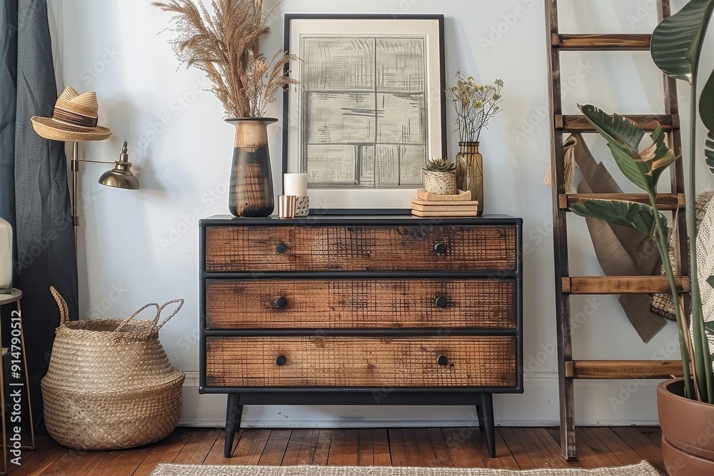Mid-century modern dresser with black accents and rattan cabinet ...