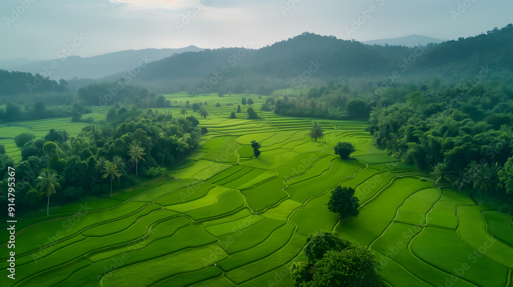 Aerial view of green rice field with trees in Thailand. Above view of ...