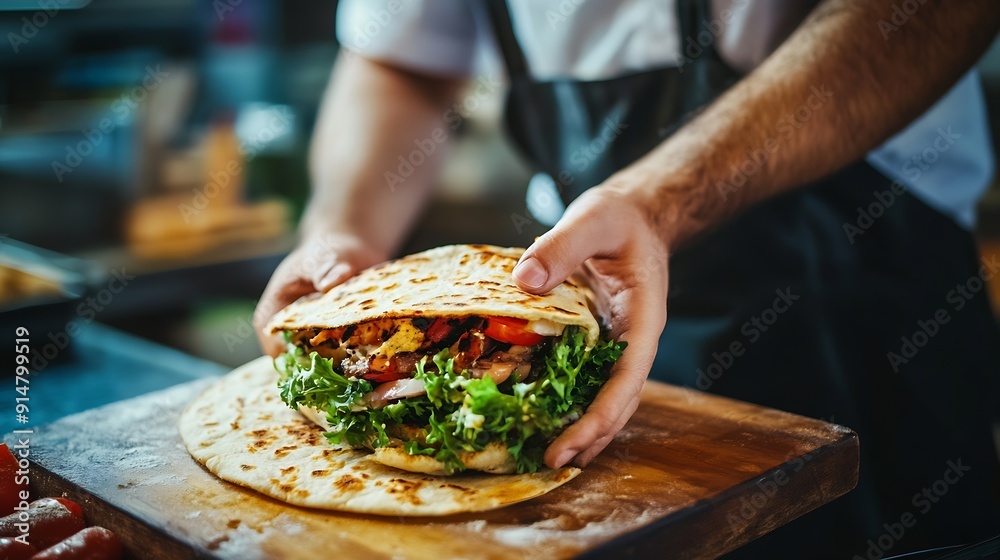 Cook Holding a Flat Bread Making a Middle Eastern Fast Food Dish Fast ...