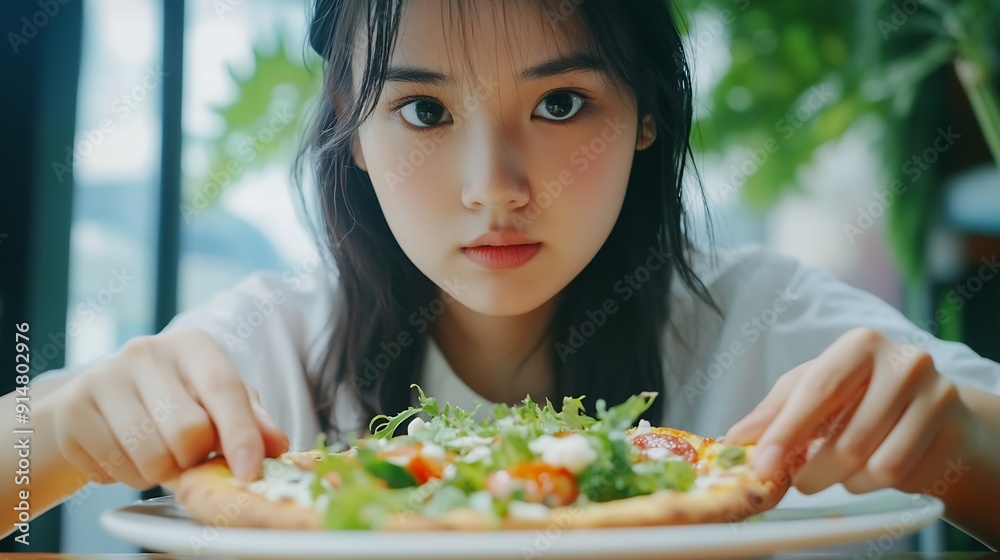 Diet concept asian young woman close up hand push out away Pizza refuse ...