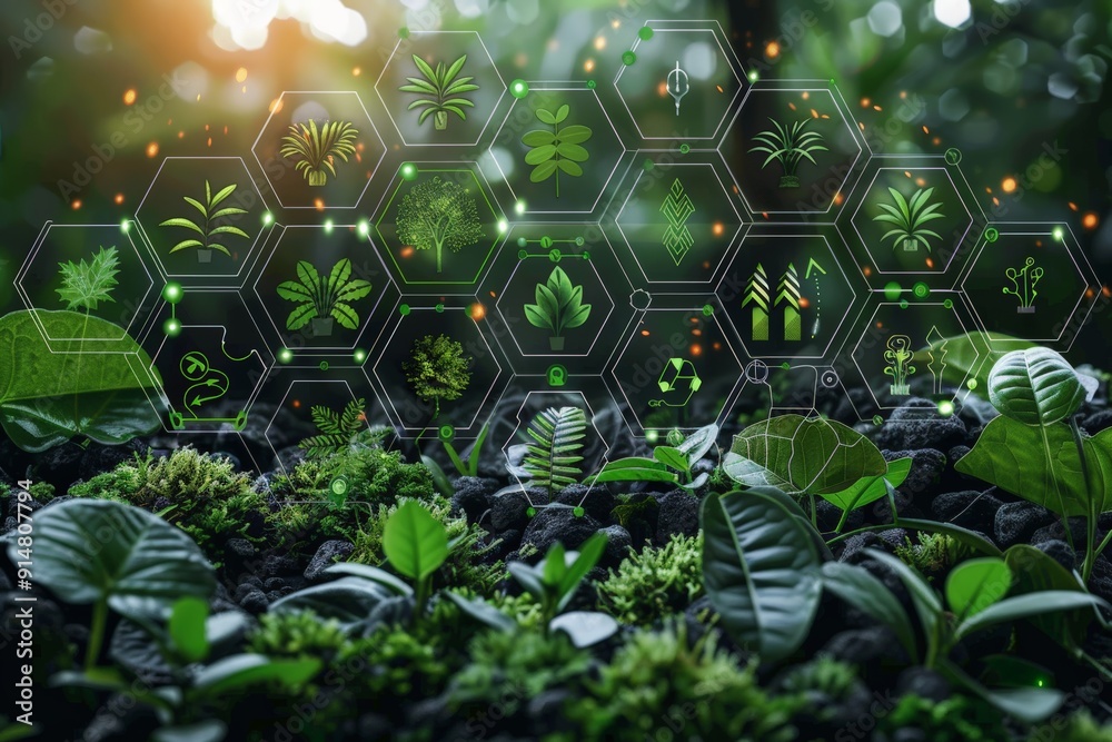 Plants with hexagonal icons representing different types foliage and ...