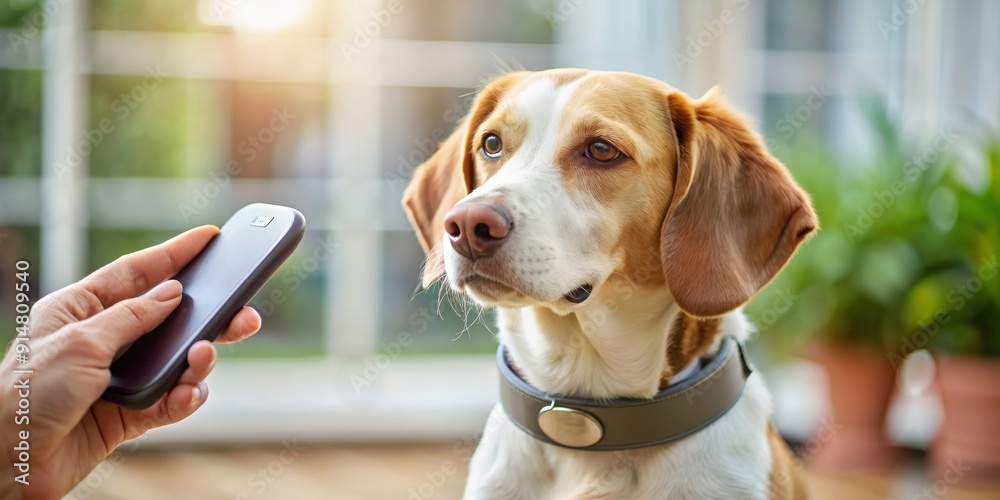 Pet owner using a smart collar to monitor pet's health and activity ...