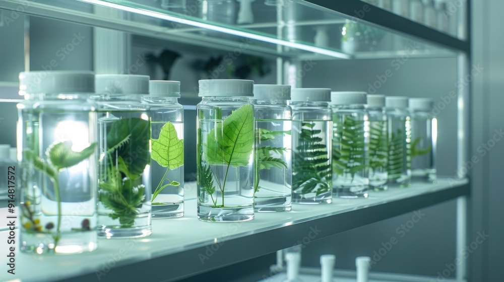 Glass shelf in lab with jars of leaves for cosmetics research and clear ...