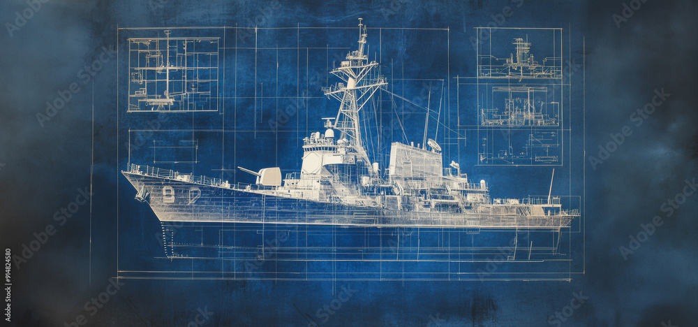 Detailed Blueprint of a Naval Destroyer Showcasing Technical ...