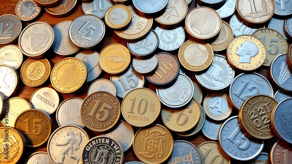 Foto de Muchas monedas en el fondo. Simboliza la economía mundial ...