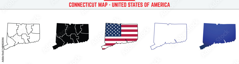 Connecticut Map with editable stroke icon. Connecticut USA State thin ...