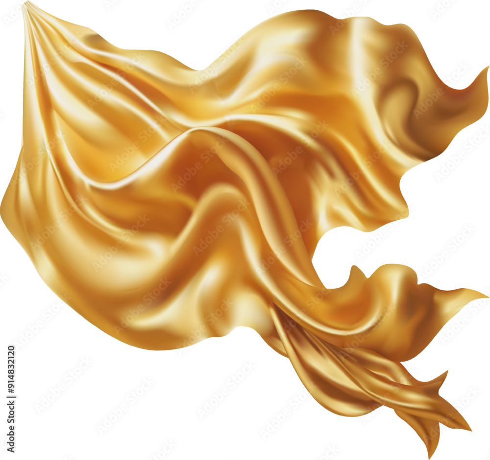 Blank Gold flag on white background Flying gold silk textile fabric ...