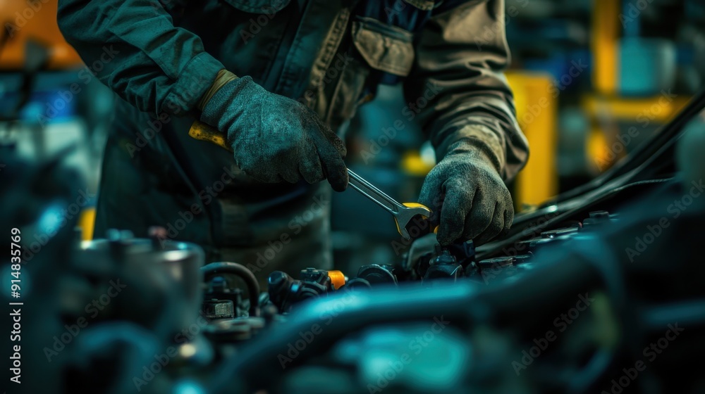 Mechanic wearing safety gear, confidently holding a wrench while ...