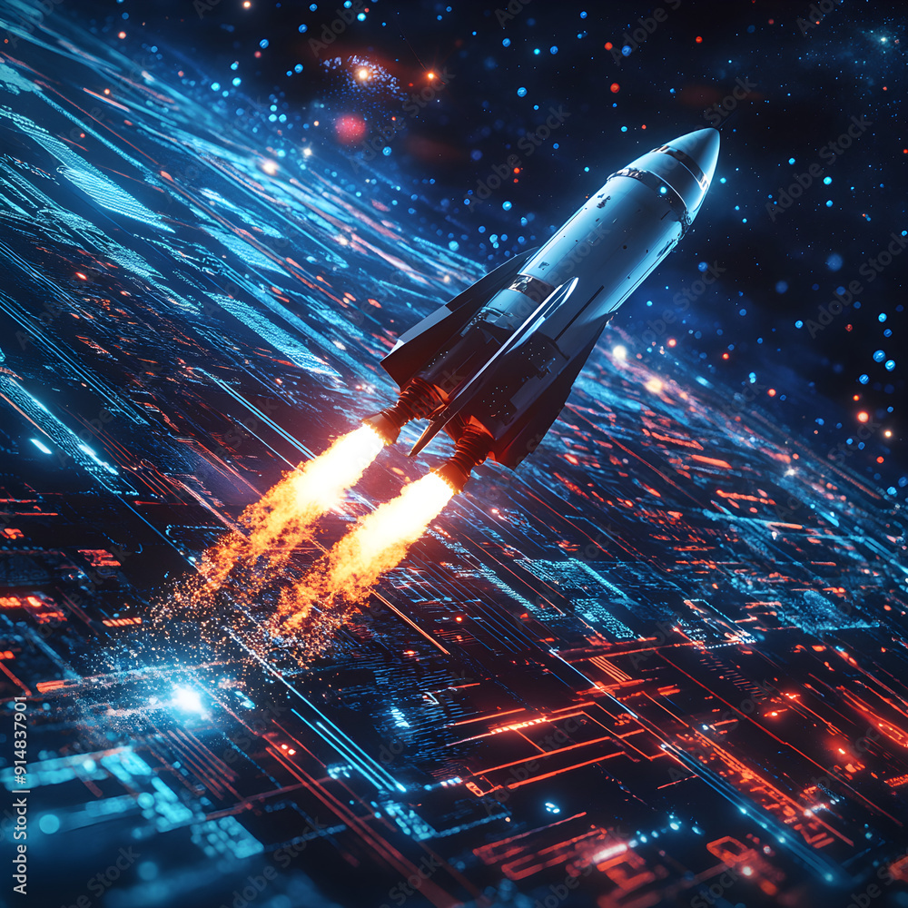Futuristic rocket launching over a digital landscape, blending themes ...