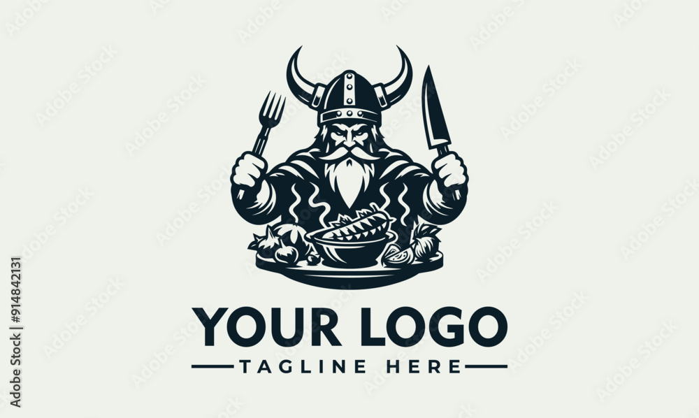Viking chef logo vector with a horned helmet stirring a pot with a ...