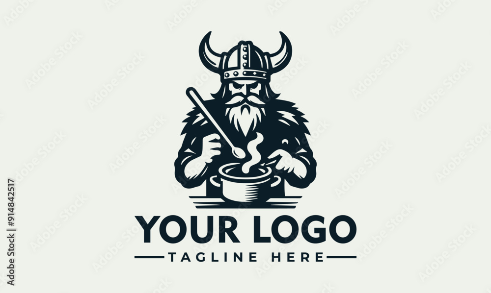 Viking chef logo vector with a horned helmet stirring a pot with a ...