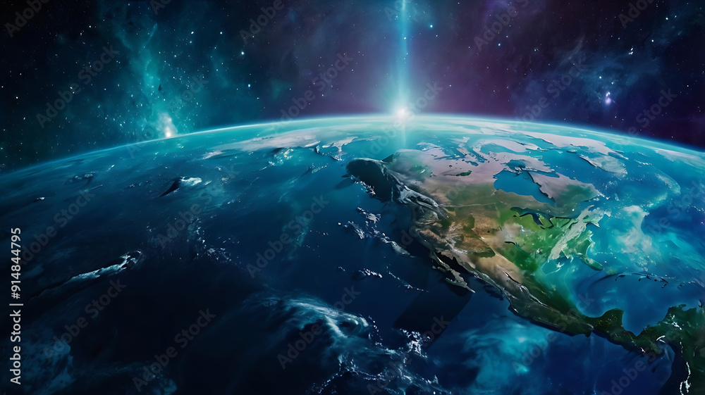 A shimmering nebula casting its colorful light across a barren planets ...