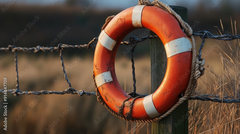 Red circular lifesaver with rope, symbol of safety and rescue, hangs on ...
