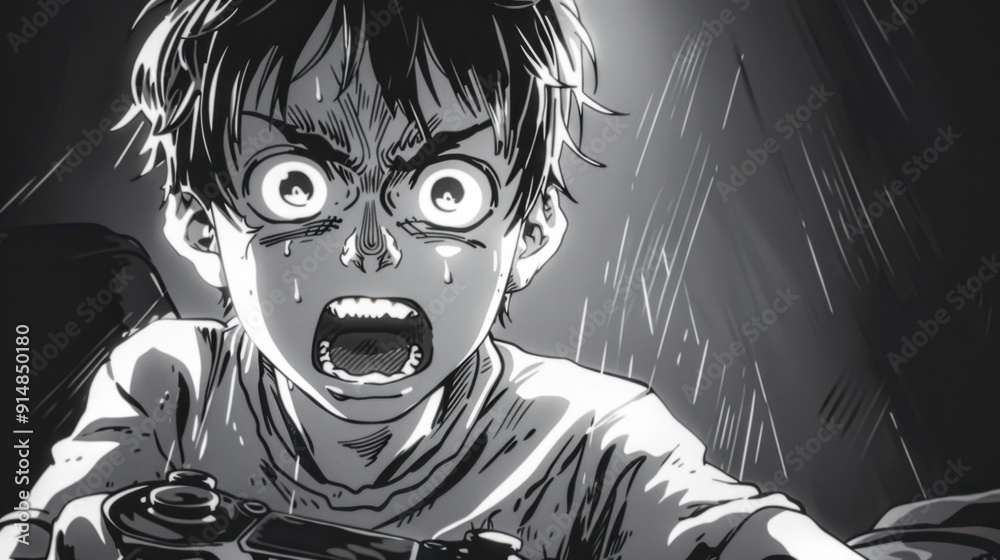Manga panel of a boy character with an excited expression, playing a ...