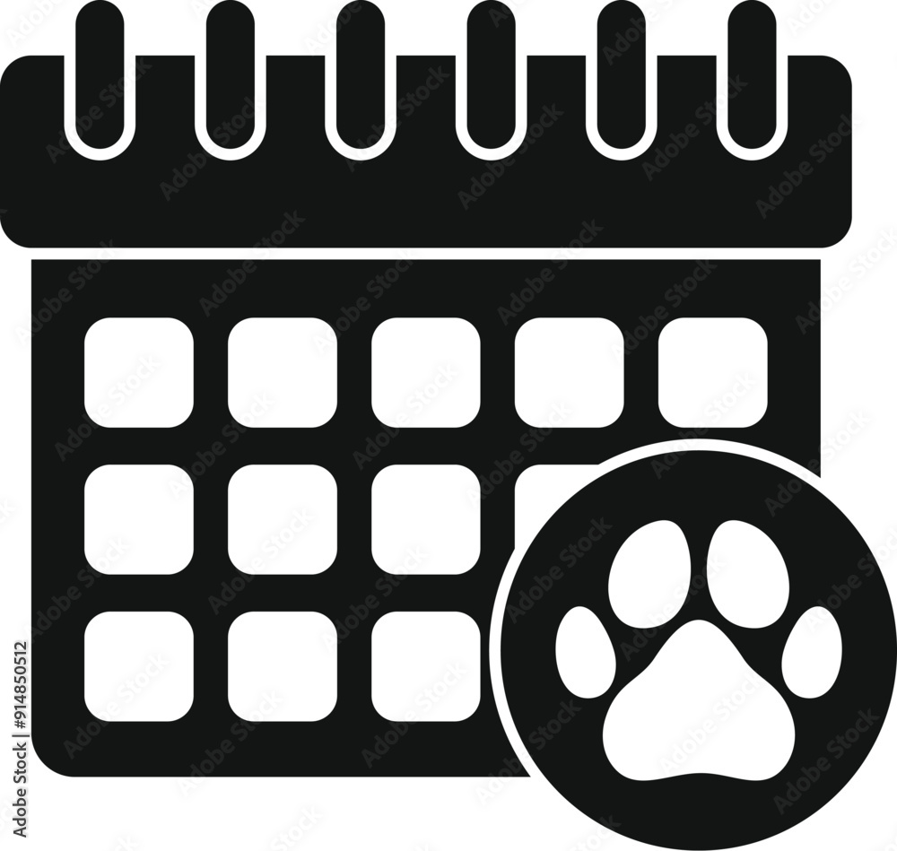 Black and white icon of a calendar with a paw print, representing a ...