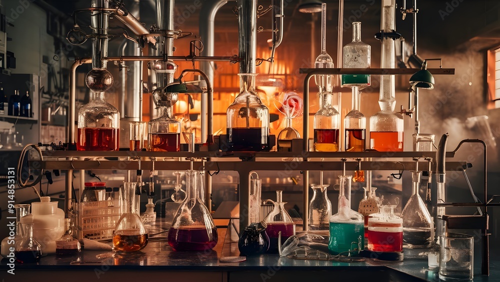laboratory with multiple stations for distilling alcohol, mixing ...