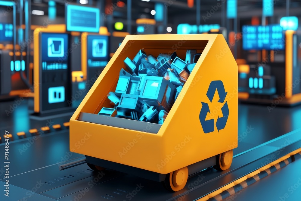 ภาพประกอบสต็อก High tech recycling robot in a futuristic setting ...