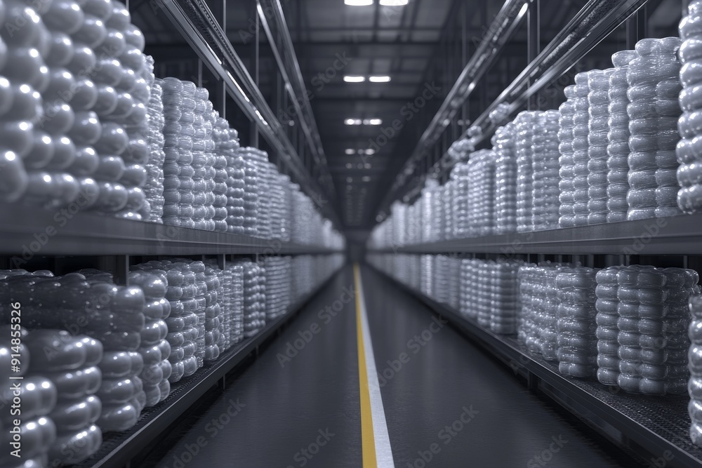 Long warehouse aisle filled with neatly stacked boxes representing ...