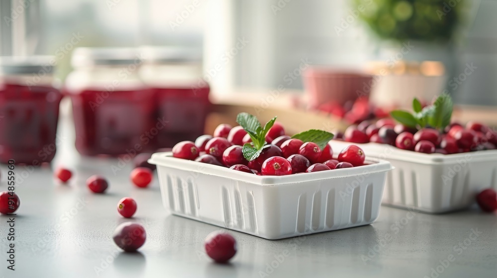 Cranberry juice cartons on clean countertop, whole cranberries, rich ...